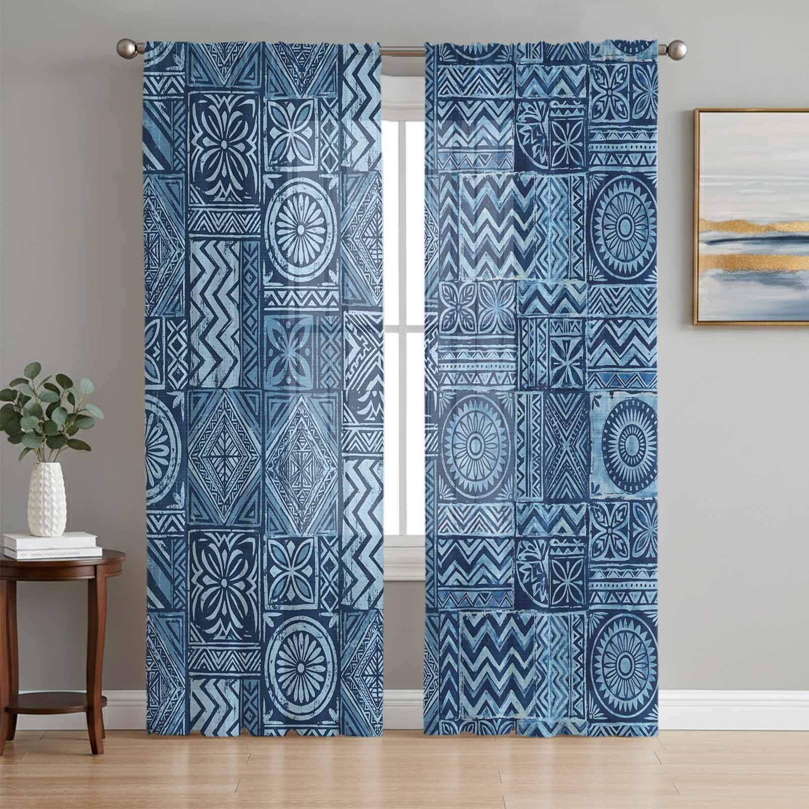 Boho Geometric Sheer Curtains for Living Room Bedroom Blue Abstract ...