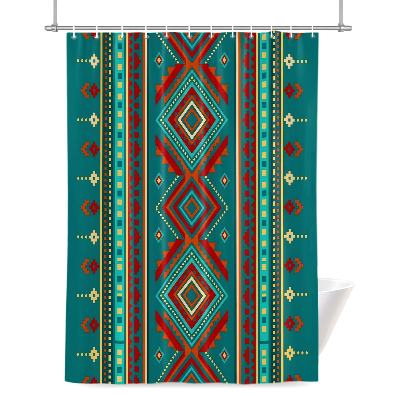 Boho Geometric Shower Curtain, Retro Tribal Ethnic Argyle Teal Orange ...