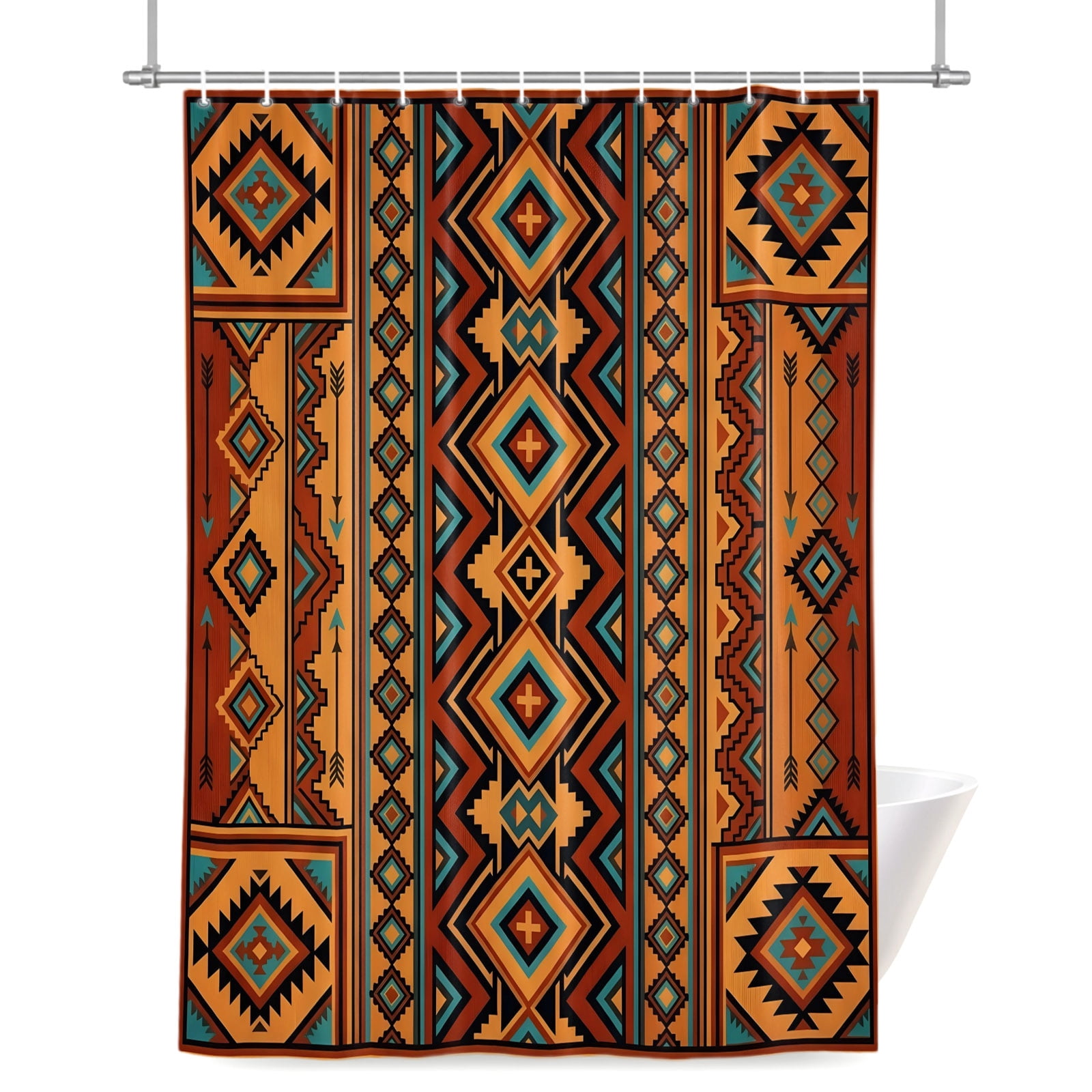 Boho Geometric Shower Curtain, Retro Tribal Ethnic Grid Brown Orange ...