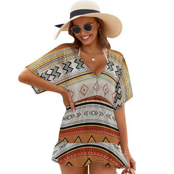 Boho Geometric Stripes Beach Cover Ups Women V Neck Short Sleeve Dress ...