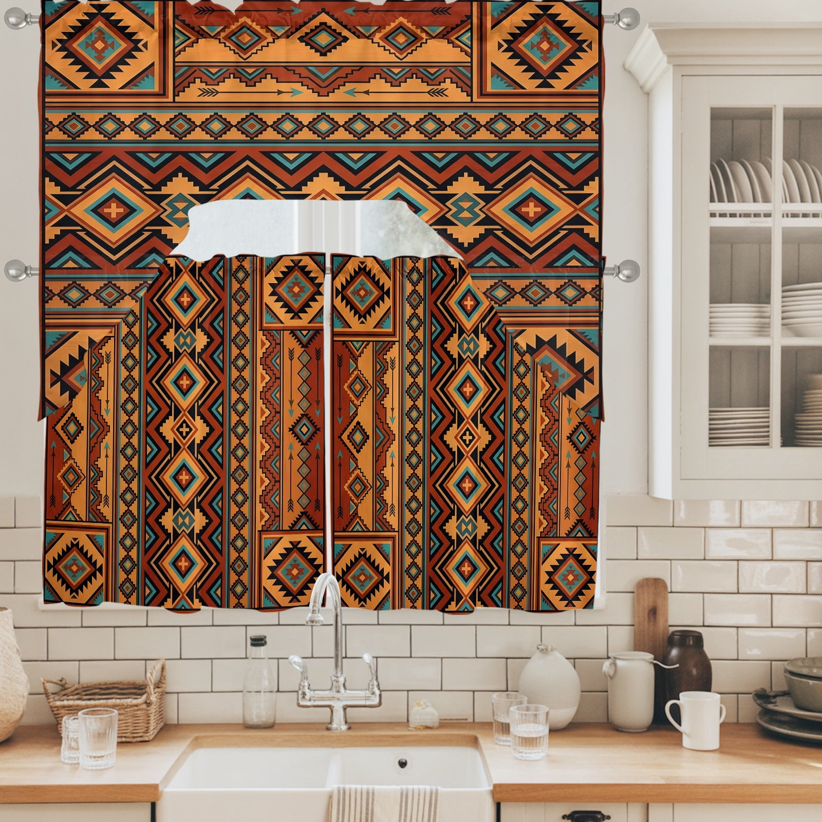 Boho Geometric Swag Curtains Valance and Tier Set, Retro Tribal Ethnic ...