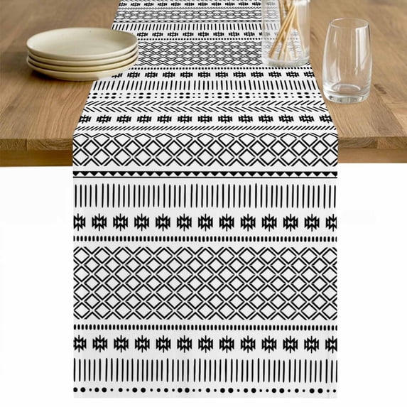 Boho Geometric Table Runner - 48 Inch Long Modern Abstract Art Plaid ...