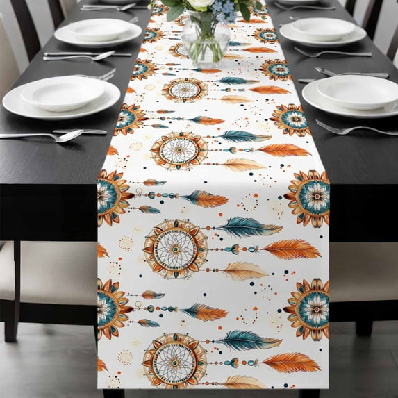 Boho Geometric Table Runner 72 Inches Long, Ethnic Feathers Patterns ...