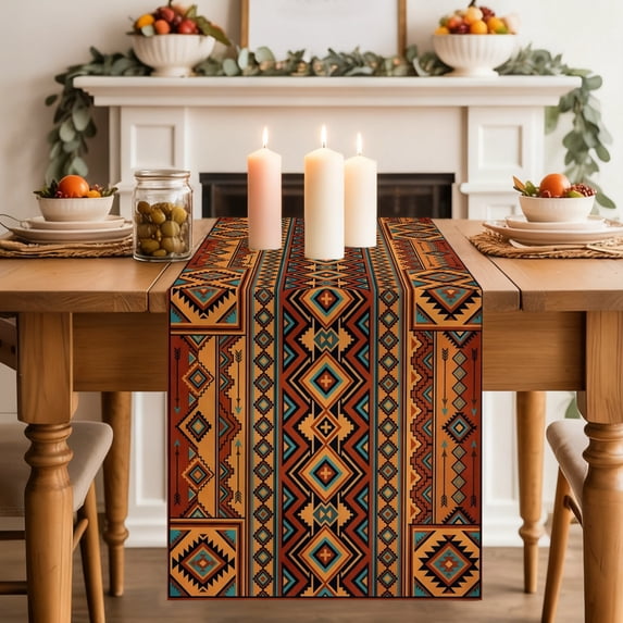 Boho Geometric Table Runner, Retro Tribal Ethnic Grid Brown Orange ...
