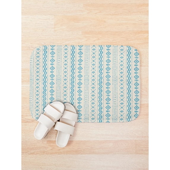 Boho Geometric Tribal Stripe Bath Mat – Teal & Cream Ikat Pattern, Non ...