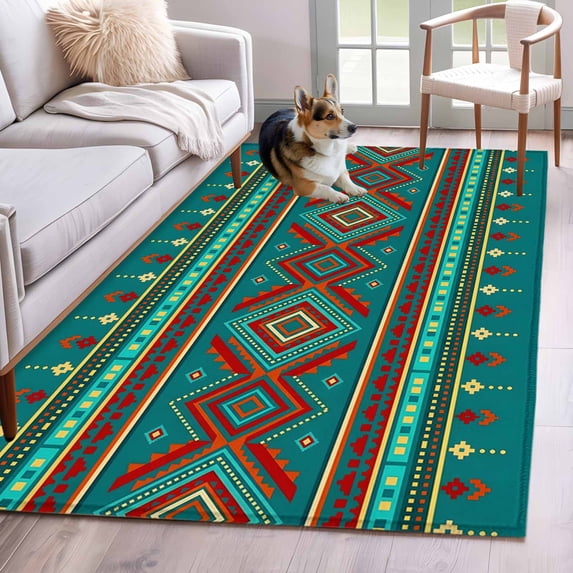 Boho Geometric Washable Area Rug 3x5 Retro Tribal Ethnic Argyle Teal ...