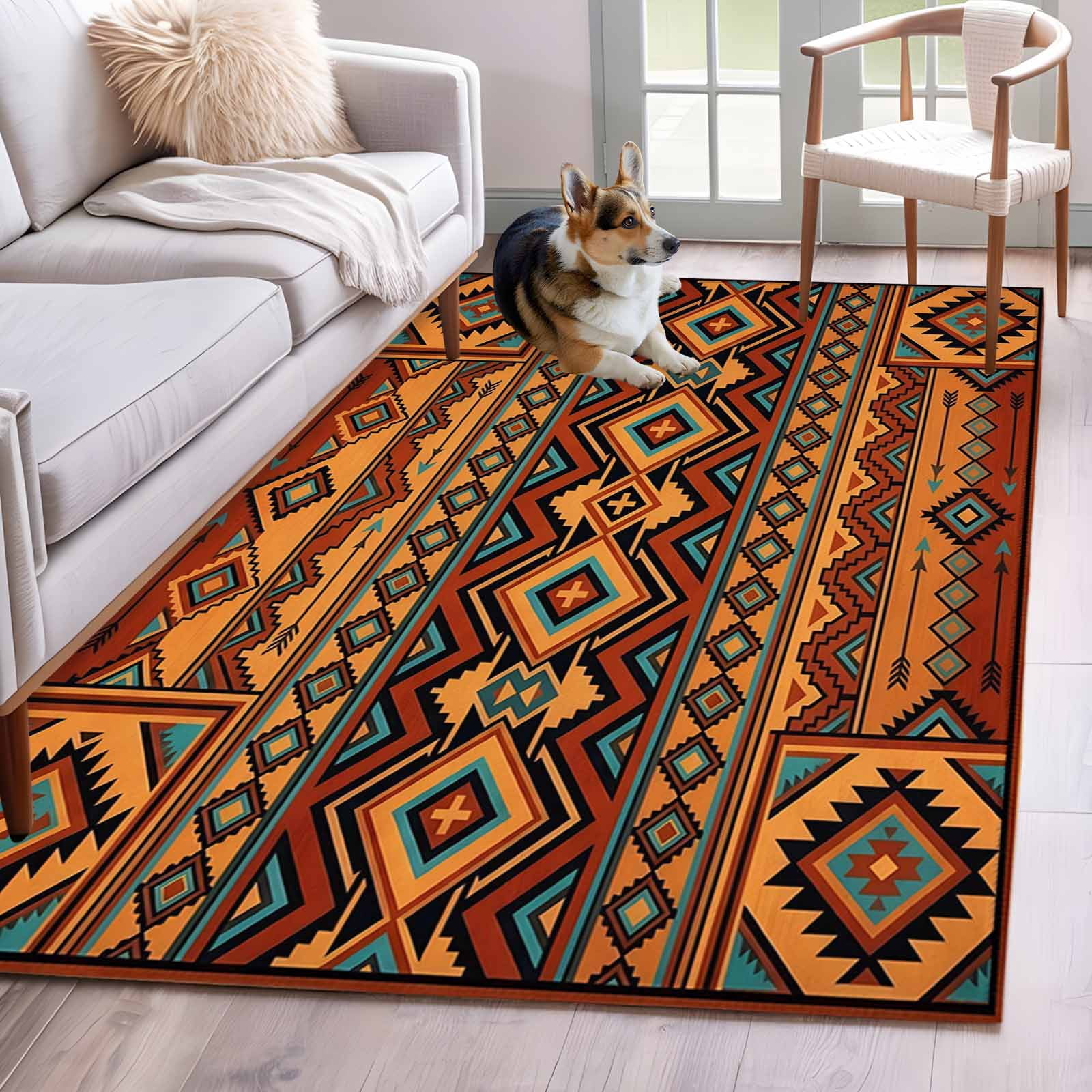 Boho Geometric Washable Area Rug 4x6 Retro Tribal Ethnic Grid Brown ...