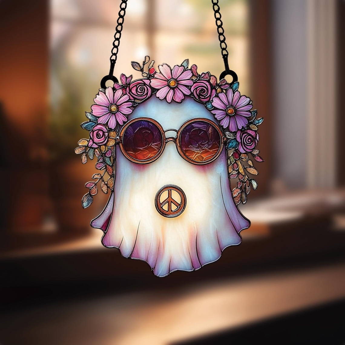 Boho Ghost Acrylic Suncatcher, Faux Stained Glass Hanging with Floral ...