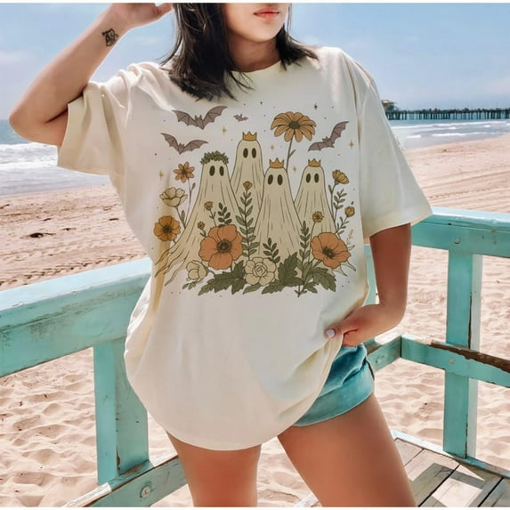 Boho Ghost and Pumpkin Shirt – Girly Fall Aesthetic Tee with Coquette Halloween Vibes for Women ...