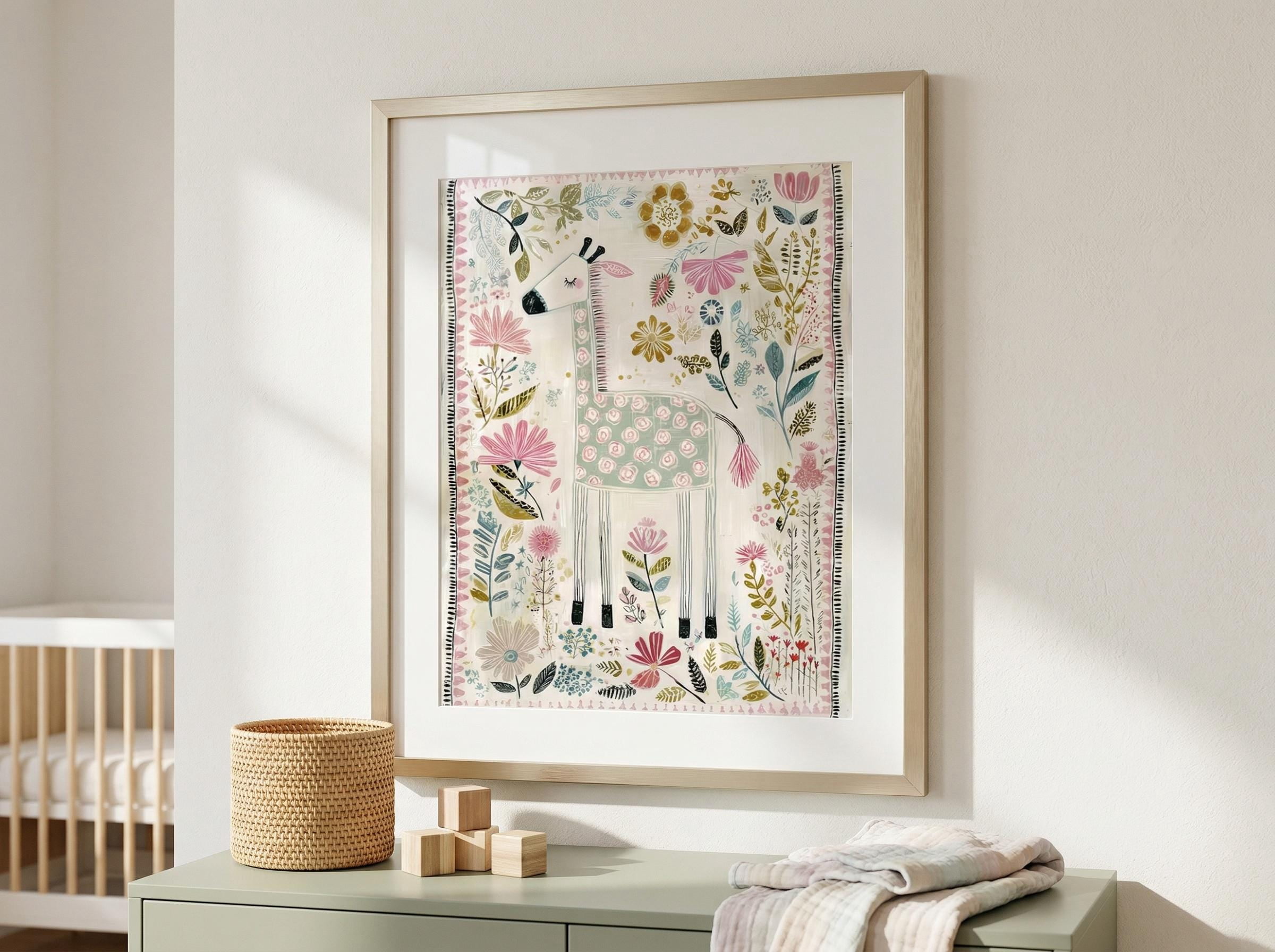Boho Giraffe Wall Art, Floral Nursery Print, Whimsical Kids Room Decor ...
