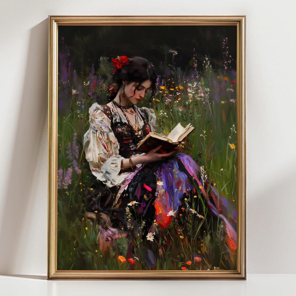 Boho Girl Reading Print Wildflower Meadow Art Romantic Cottagecore Wall ...