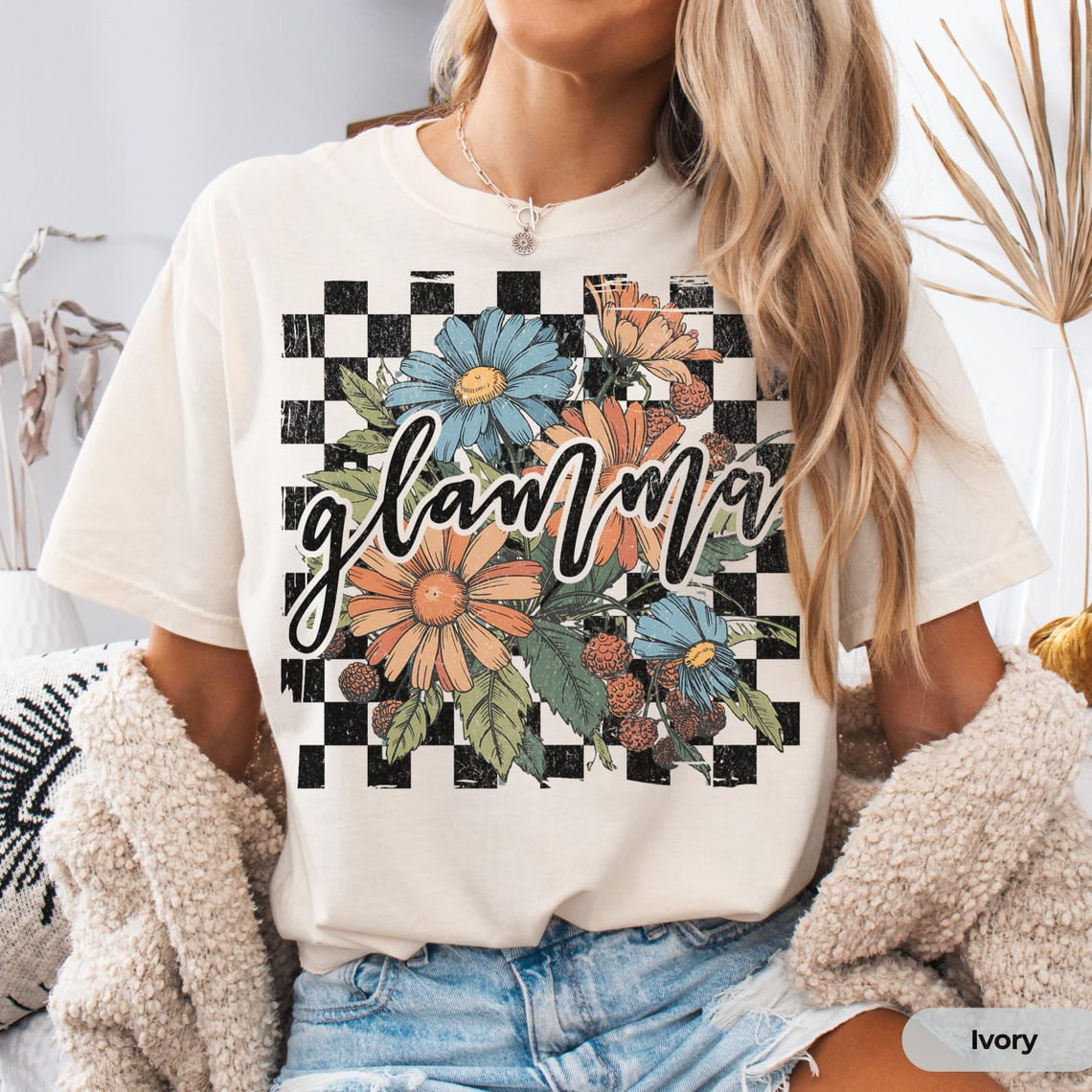 Boho Glamma Shirt Floral Checkered – Glam Grandma Tee Gift For Glamma ...
