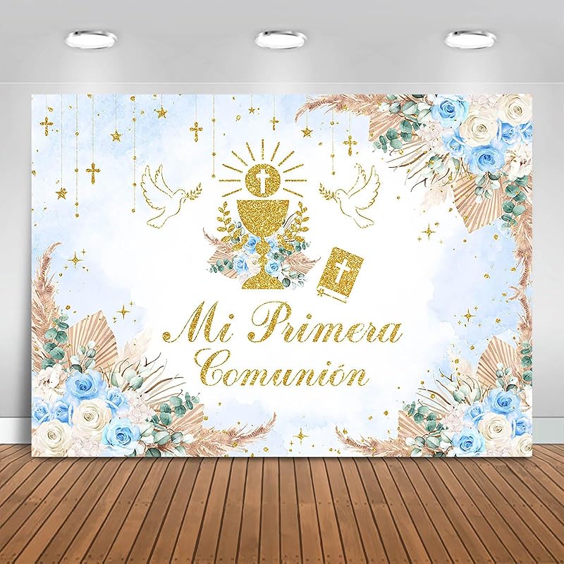 Boho God Bless Baptism Backdrop Blue Mi Primera Comunion Background ...