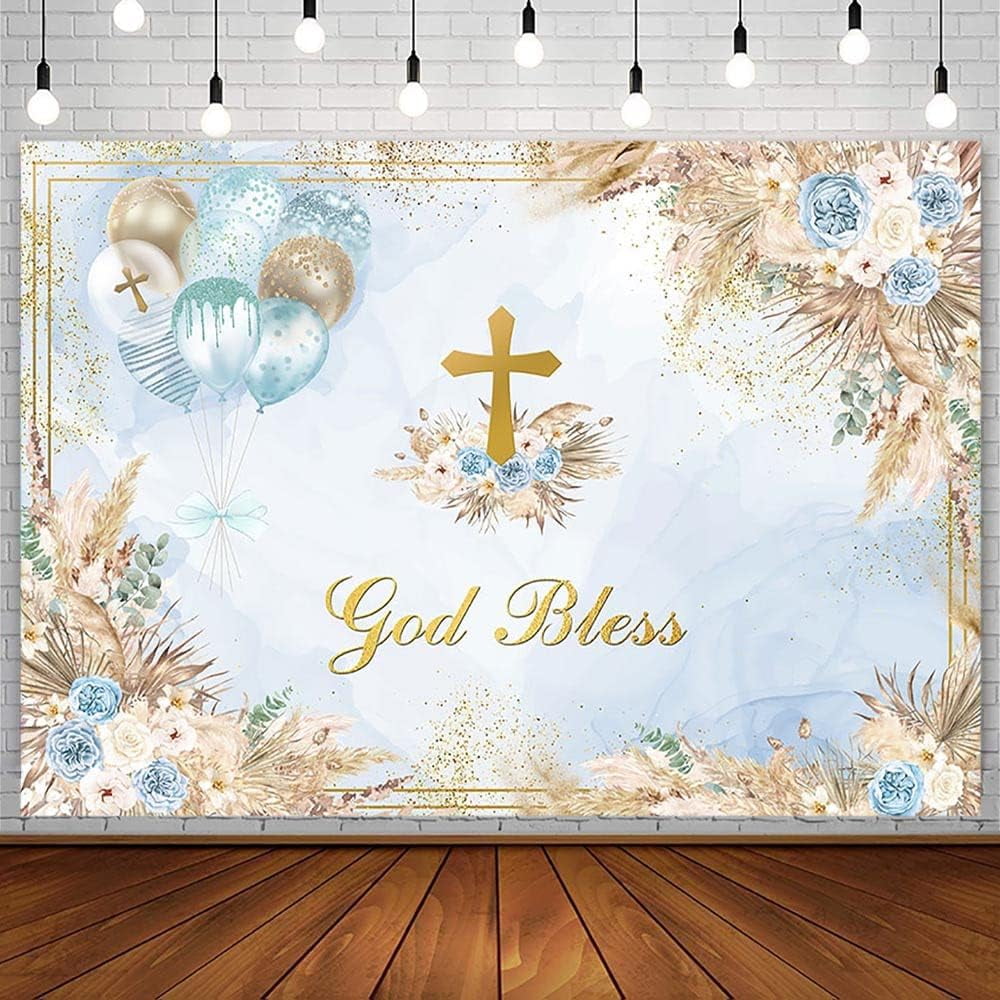 Boho God Bless Baptism Backdrop for Boys Holy Communion Party ...