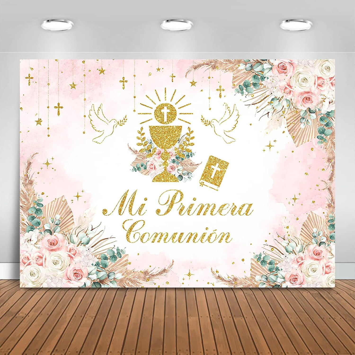 Boho God Bless Baptism Backdrop Pink Mi Primera Comunion Background Party Decorations ...