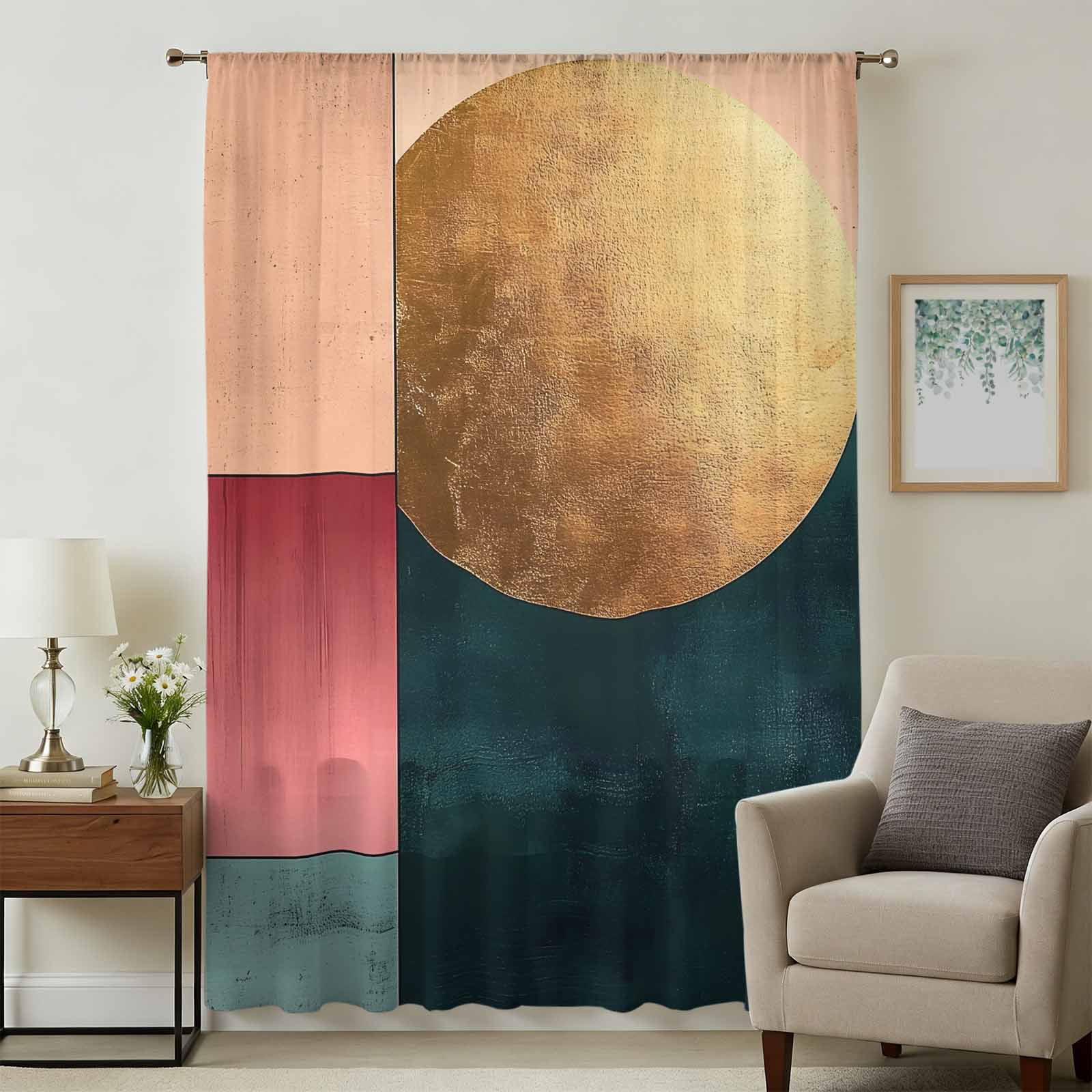 Boho Gold Circle Sheer Curtains 45 Inches Long, Modern Geometric Color ...