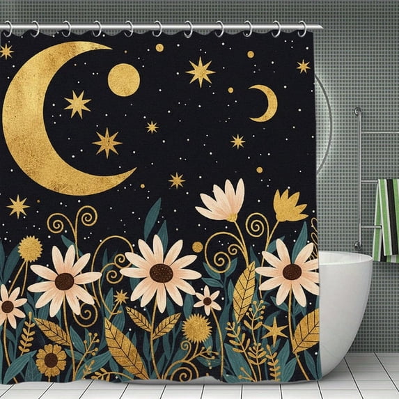 Boho Gold Moon Stars Flowers Print Shower Curtain,Modern Fabric ...