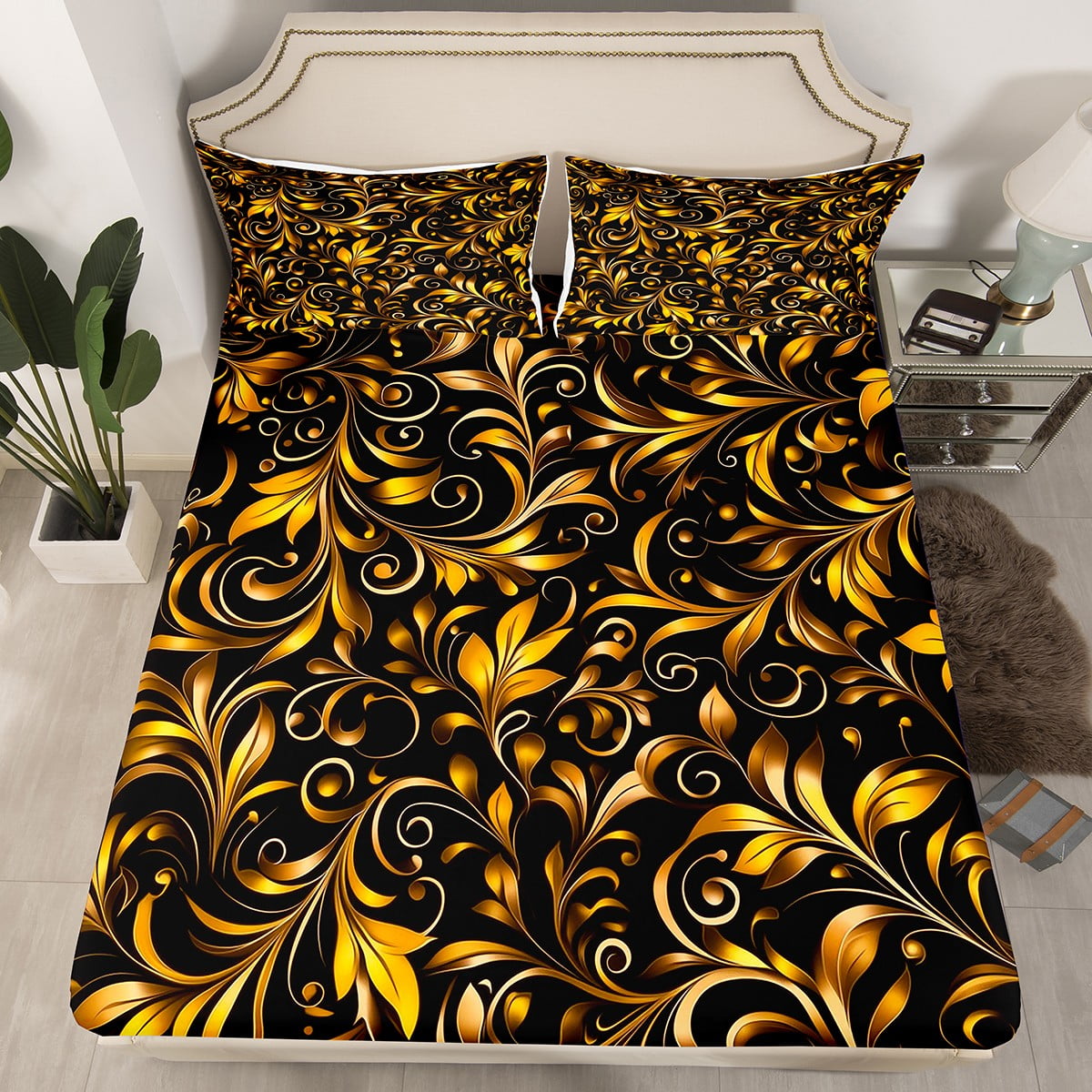 Boho Gothic Full Fitted Sheets Black Gold Damask Goth Bed Sheets ...