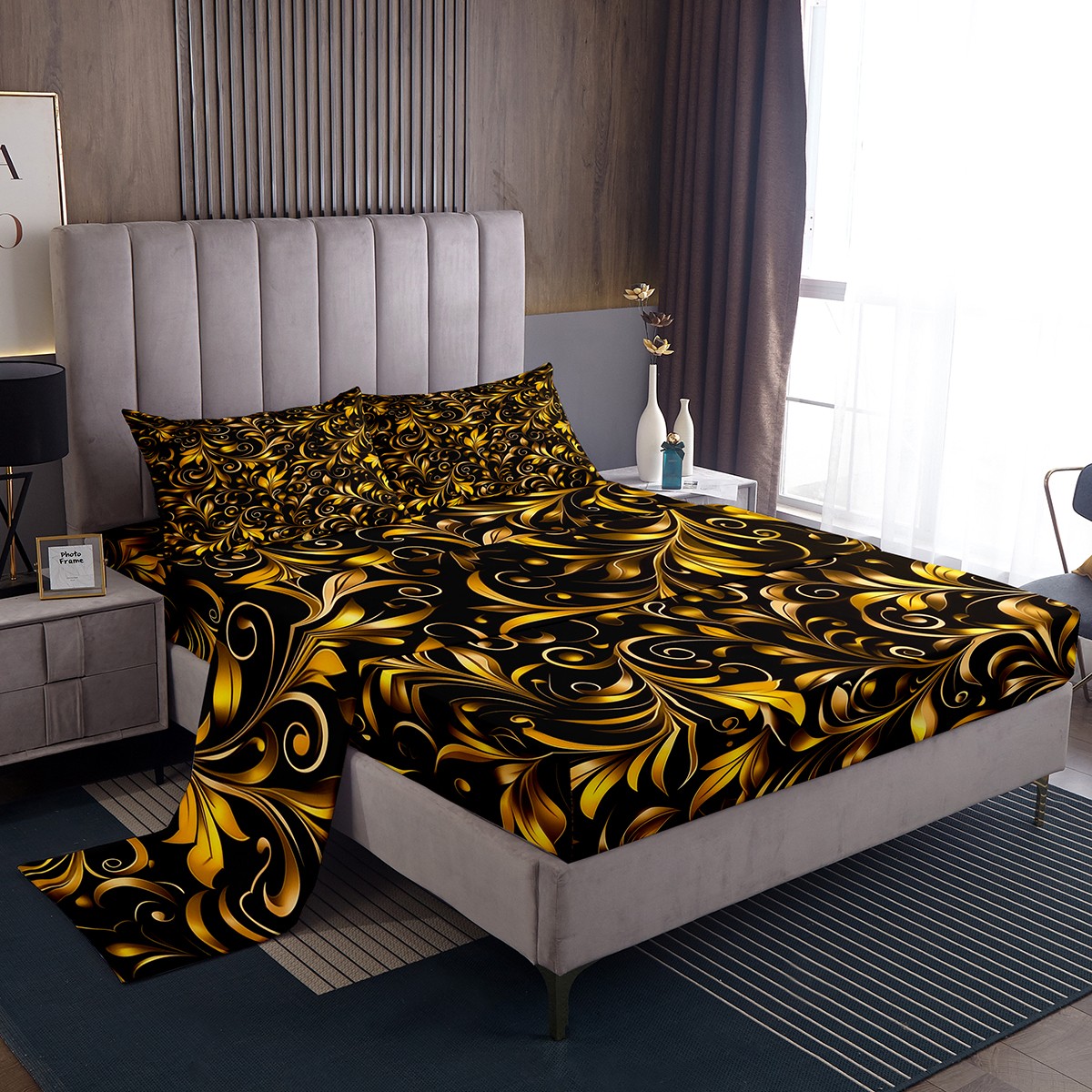 Boho Gothic Queen Bed Sheets Black Gold Damask Goth Sheet Set Retro ...