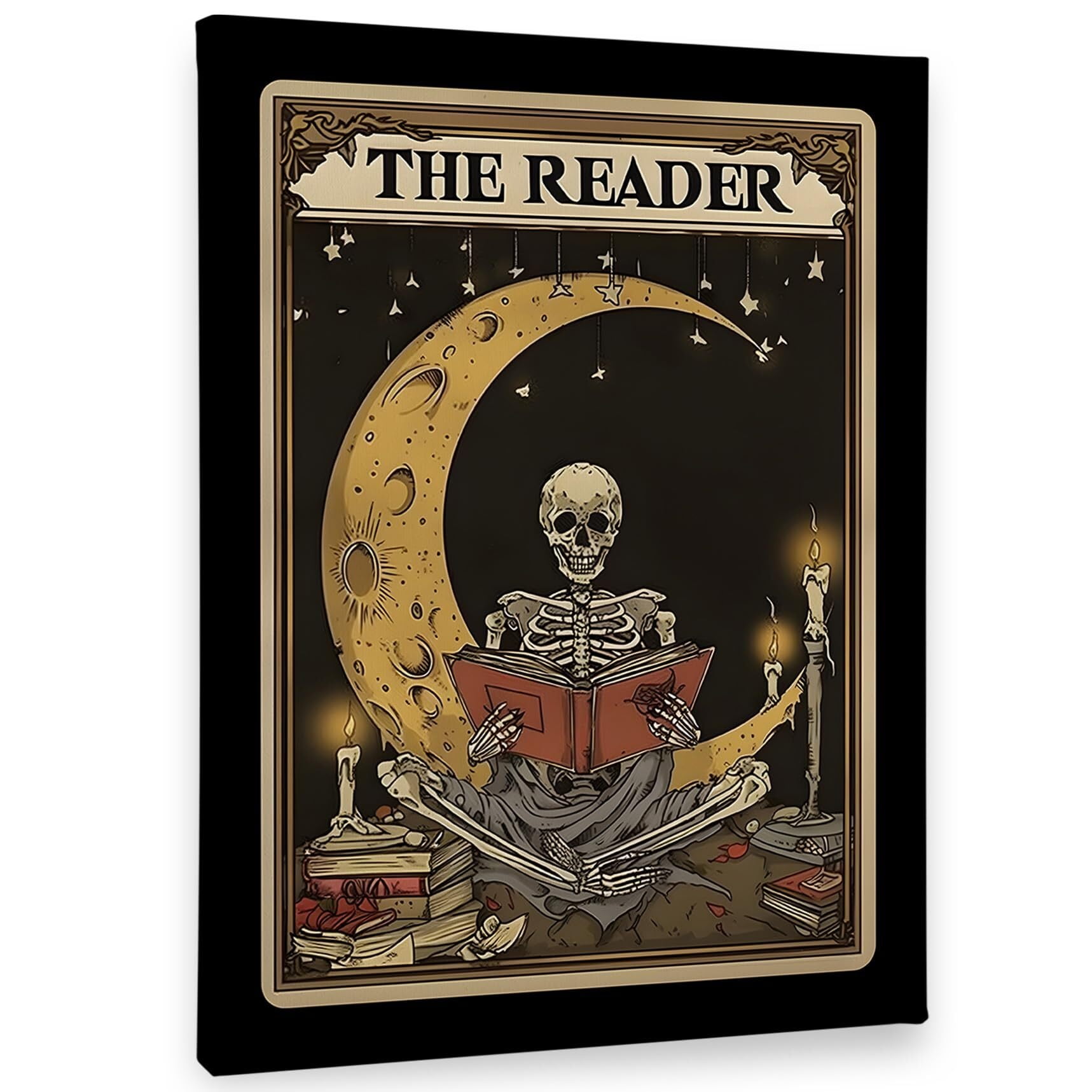 Boho Gothic Skeleton Reading Book Wall Art Decor Canvas Celestial Moon ...