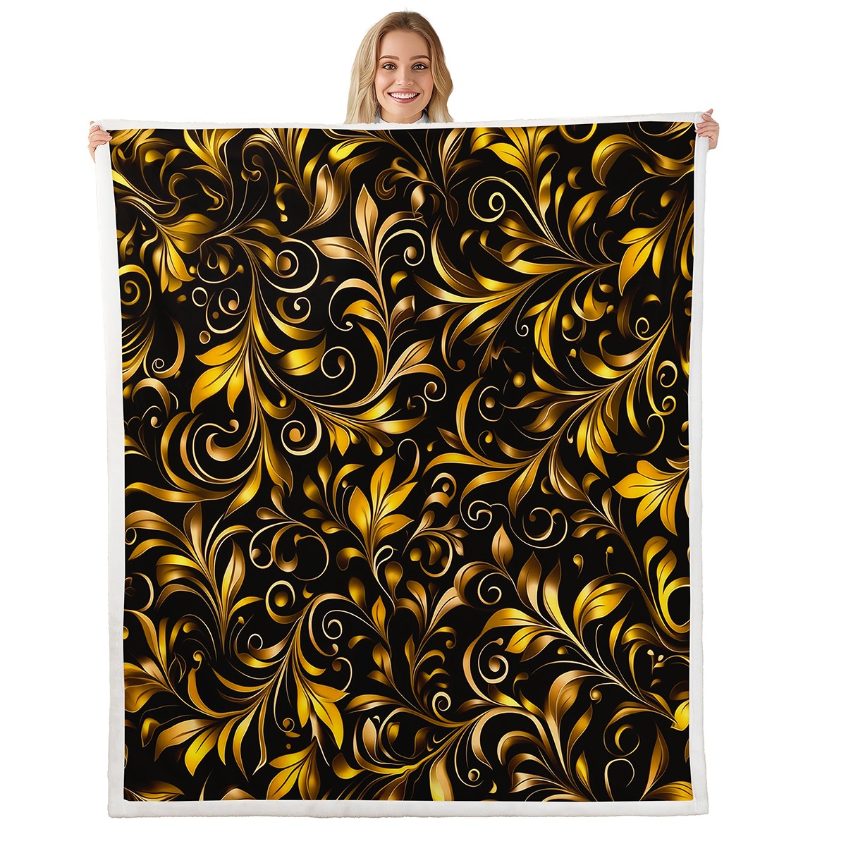 Boho Gothic Twin 60"X80" Fleece Bed Blanket Black Gold Damask Goth ...