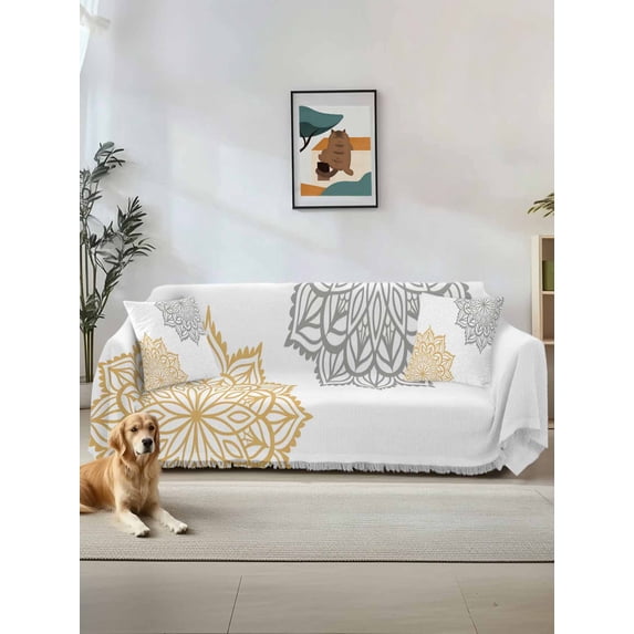 Boho Gray Beige Floral Couch Cover for 2 Cushion Couch, Retro Abstract ...