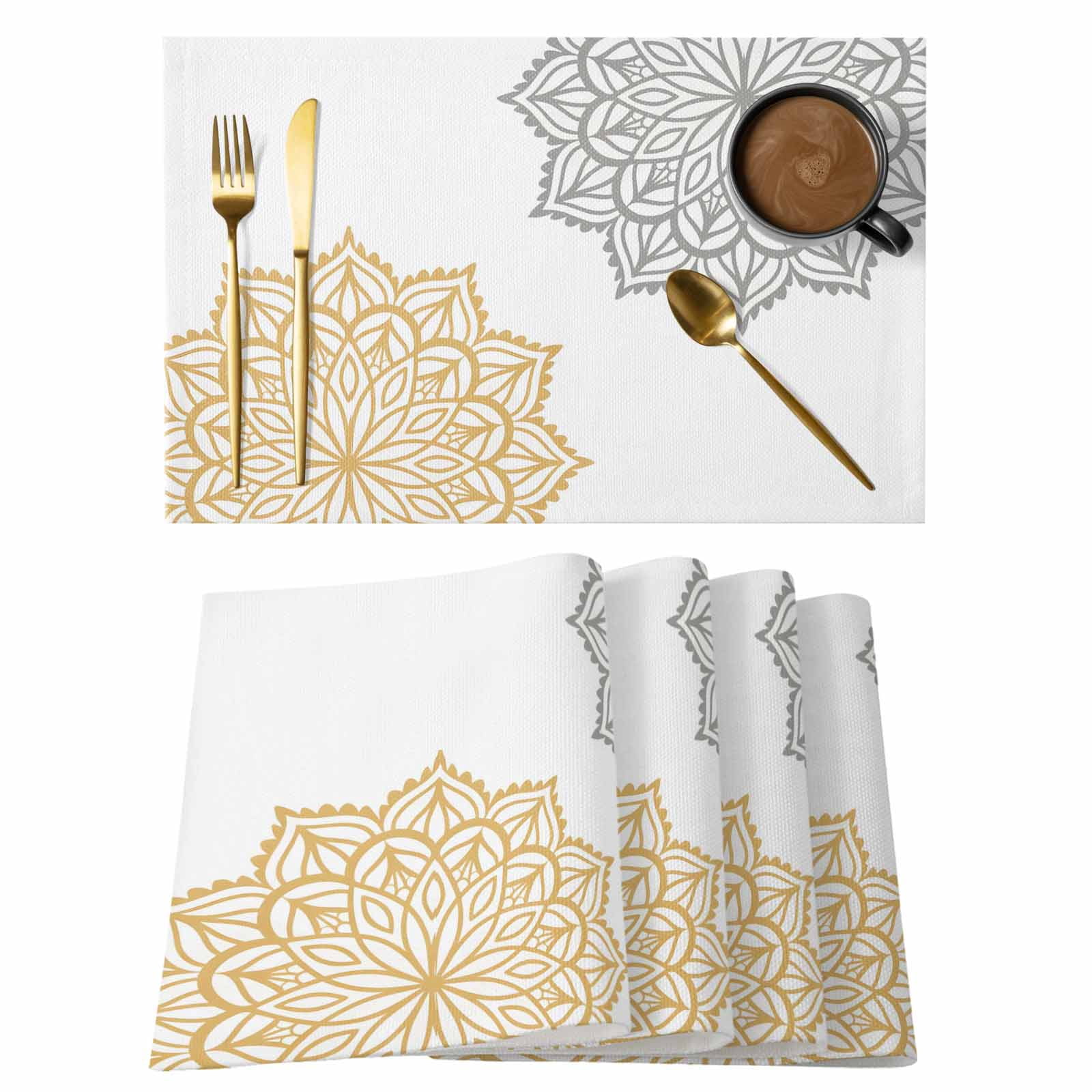 Boho Gray Beige Floral Placemats Set of 6, Cotton Linen Fabric Place ...