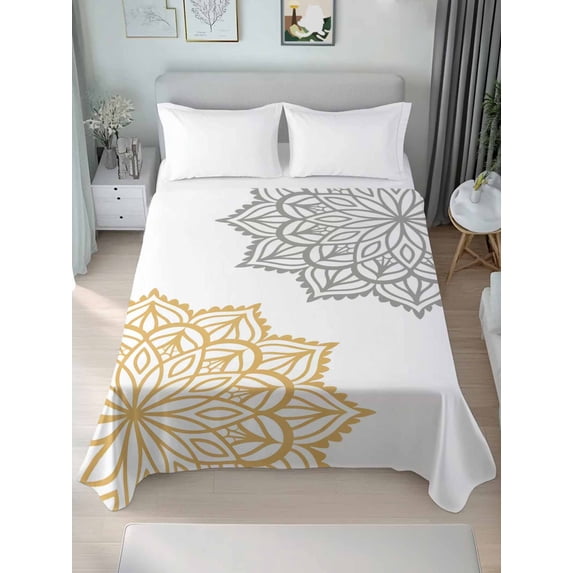 Boho Gray Beige Floral Twim Size Flat Sheet, Wrinkleproof & Fadeproof ...