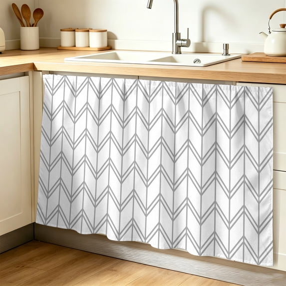 Boho Gray Cabinet Curtains for Shelves, White Chevron Stripes Abstract ...