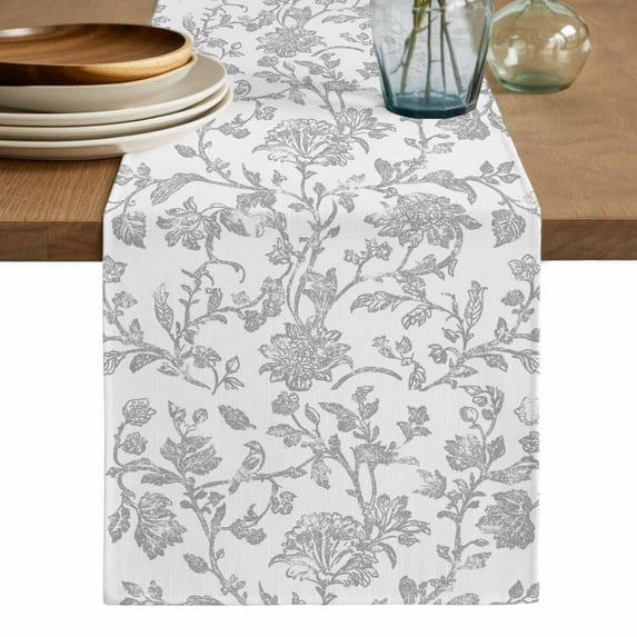 Boho Gray Flower Table Runner, Vintage Farmhouse Leaf Spring Plant ...