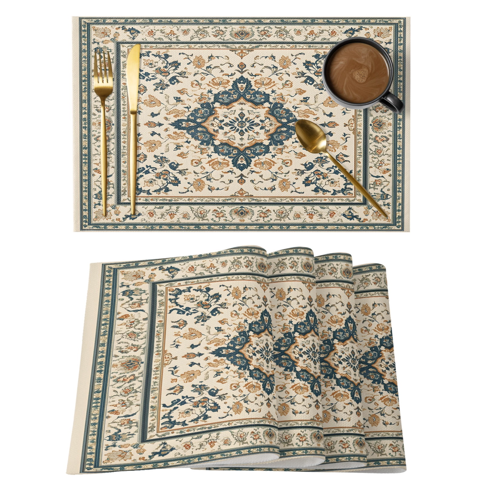 Boho Green Beige Placemats Set of 2, Cotton Linen Fabric Place Mats ...