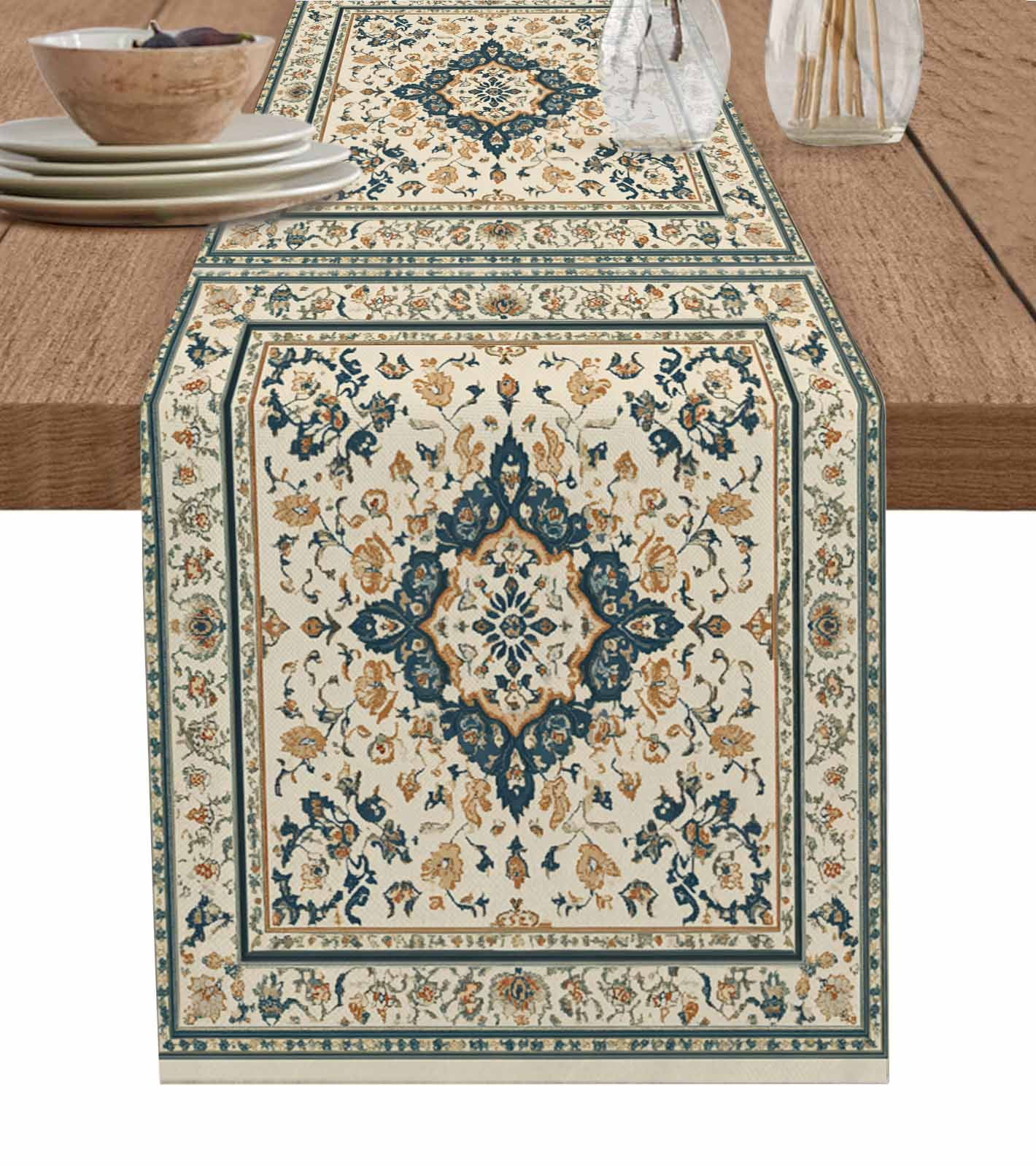 Boho Green Beige Table Runner 120 Inches, Ethnic Southwestern Retro ...