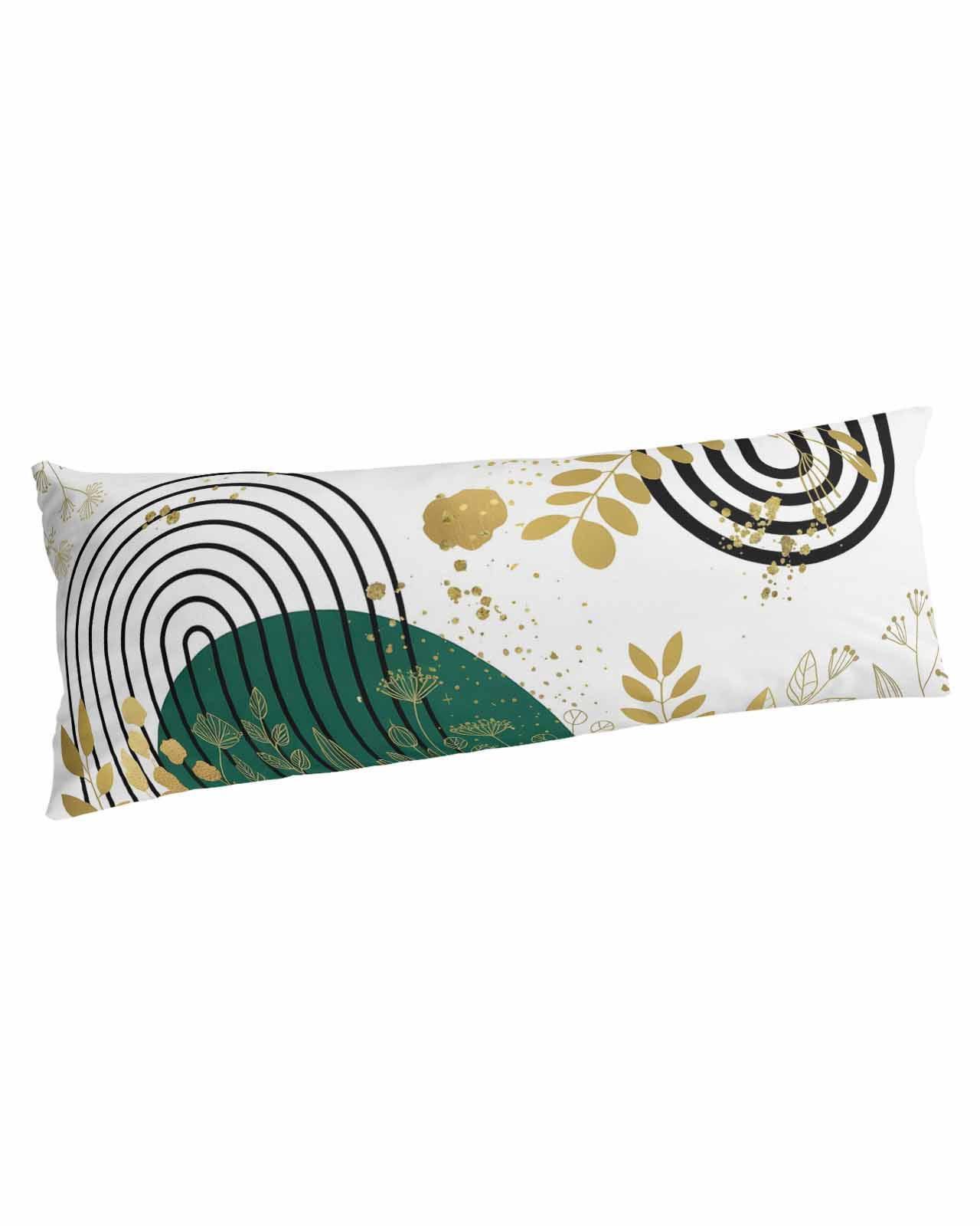 Boho Green Body Pillow Covers, Gold Leaf Black Bohemian Plant Circle ...