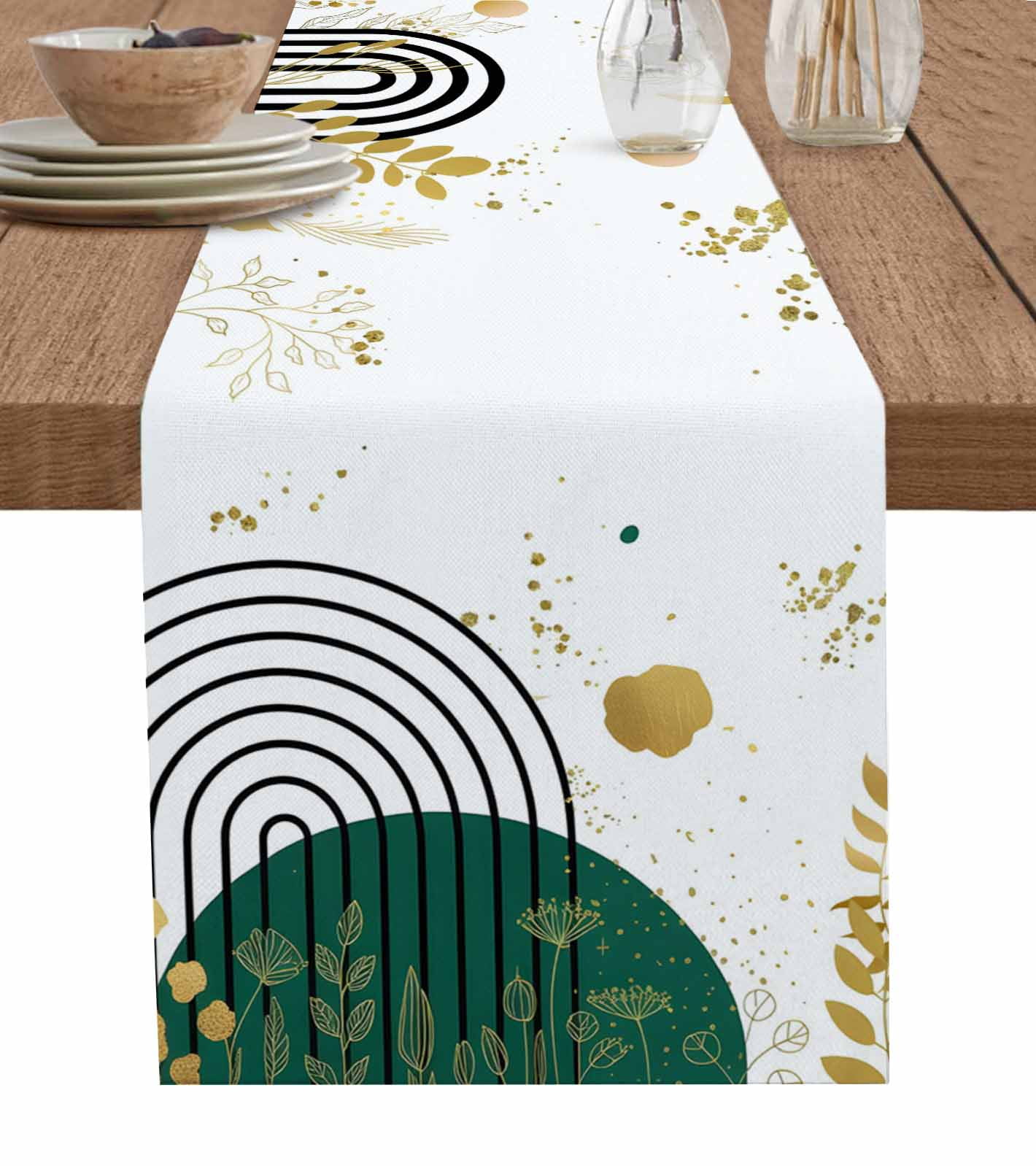 Boho Green Burlap Cotton Table Runner 16x72 Inches Long, Gold Leaf ...