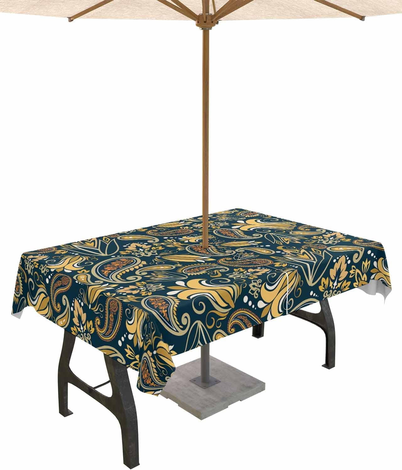 Boho Green Floral Outdoor Tablecloth with Umbrella Hole Rectangle ...