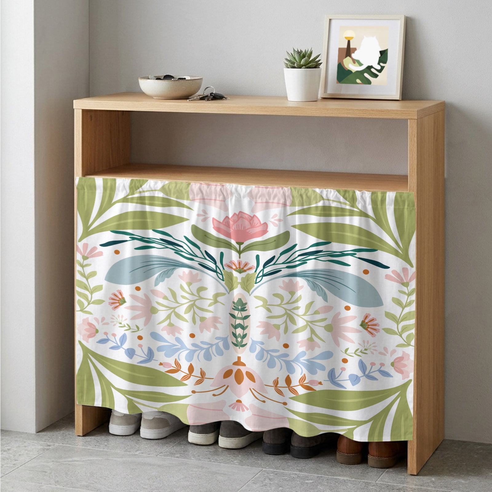 Boho Green Flower Cabinet Curtain 35"Wx35"L, Dustproof Under Sink Skirt ...