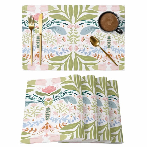 Boho Green Flower Placemats Set of 8, Cotton Linen Fabric Place Mats ...