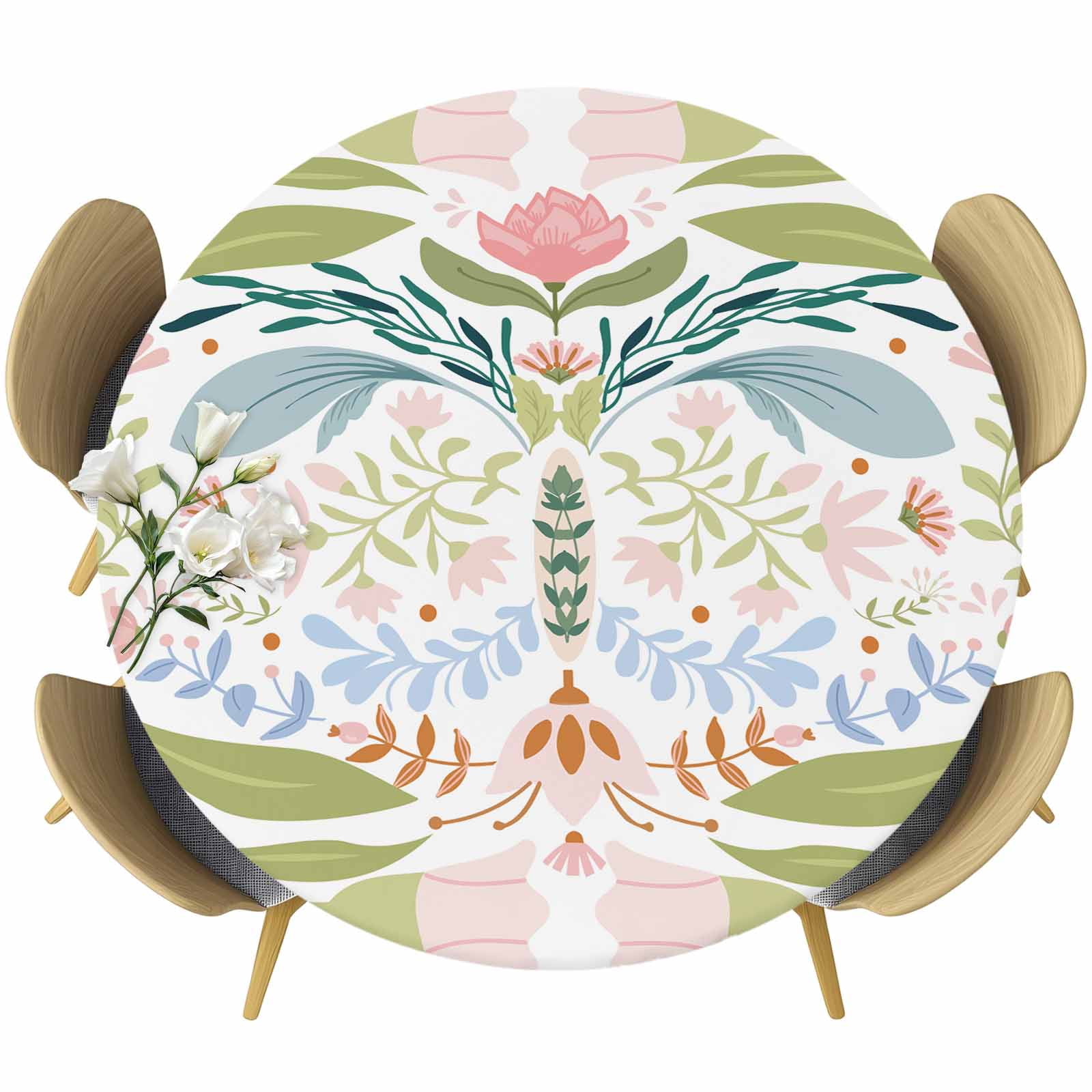 Boho Green Flower Round Tablecloth 55-60 Inch Round Fitted Table Cloth ...