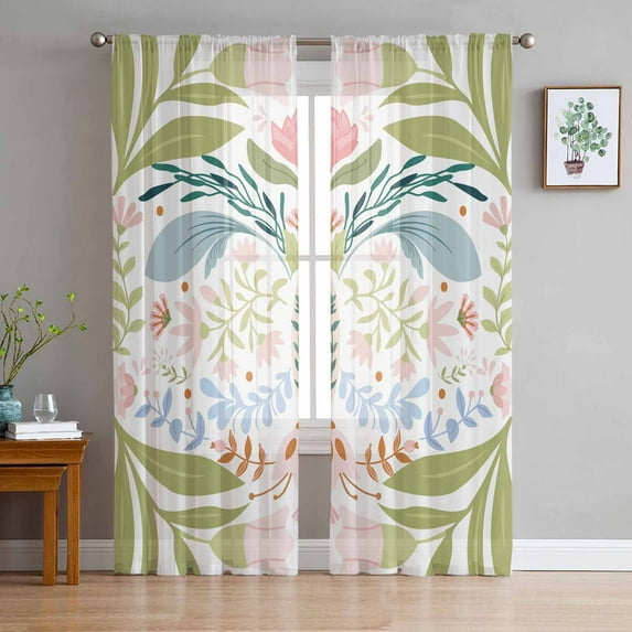 Boho Green Flower Sheer Curtains 72 Inch Length 2 Panels Set for Living ...