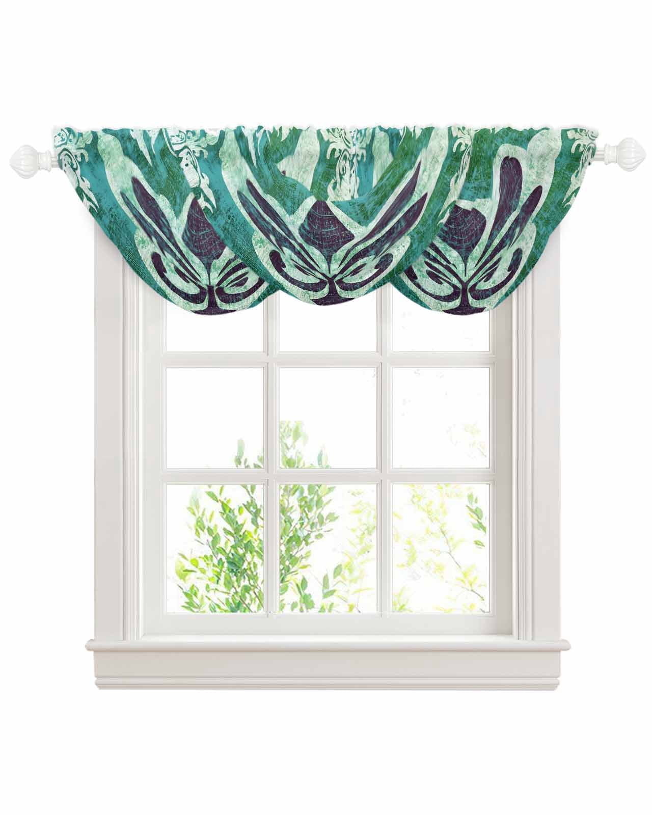 Boho Green Flower Sheer Waterfall Valance Curtains for Window, Vintage ...
