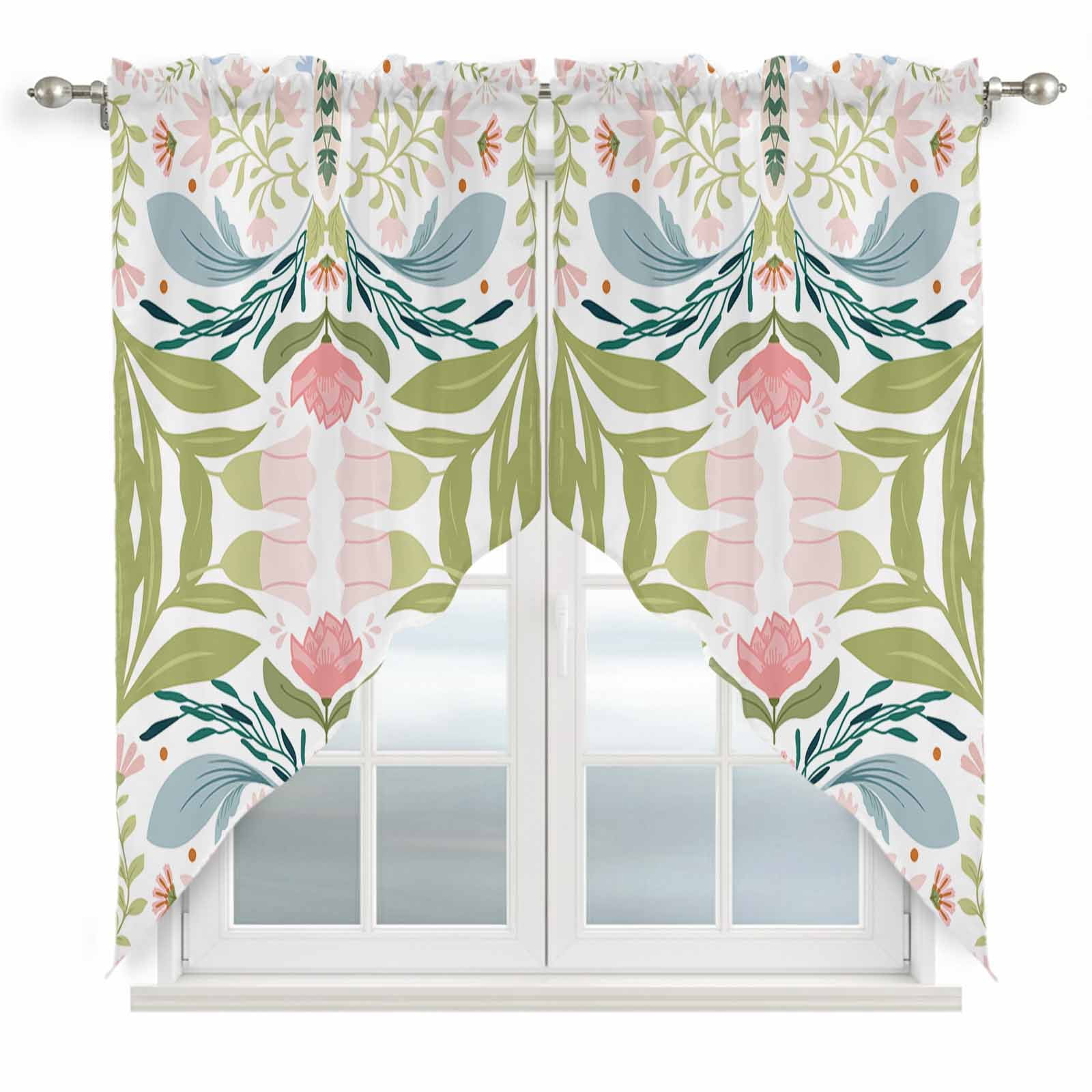 Boho Green Flower Swag Curtain Valances, Botanical Watercolor Leaf ...