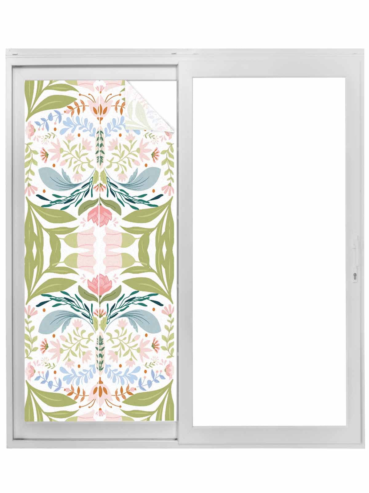 Boho Green Flower Window Privacy Film, Botanical Watercolor Leaf Floral ...