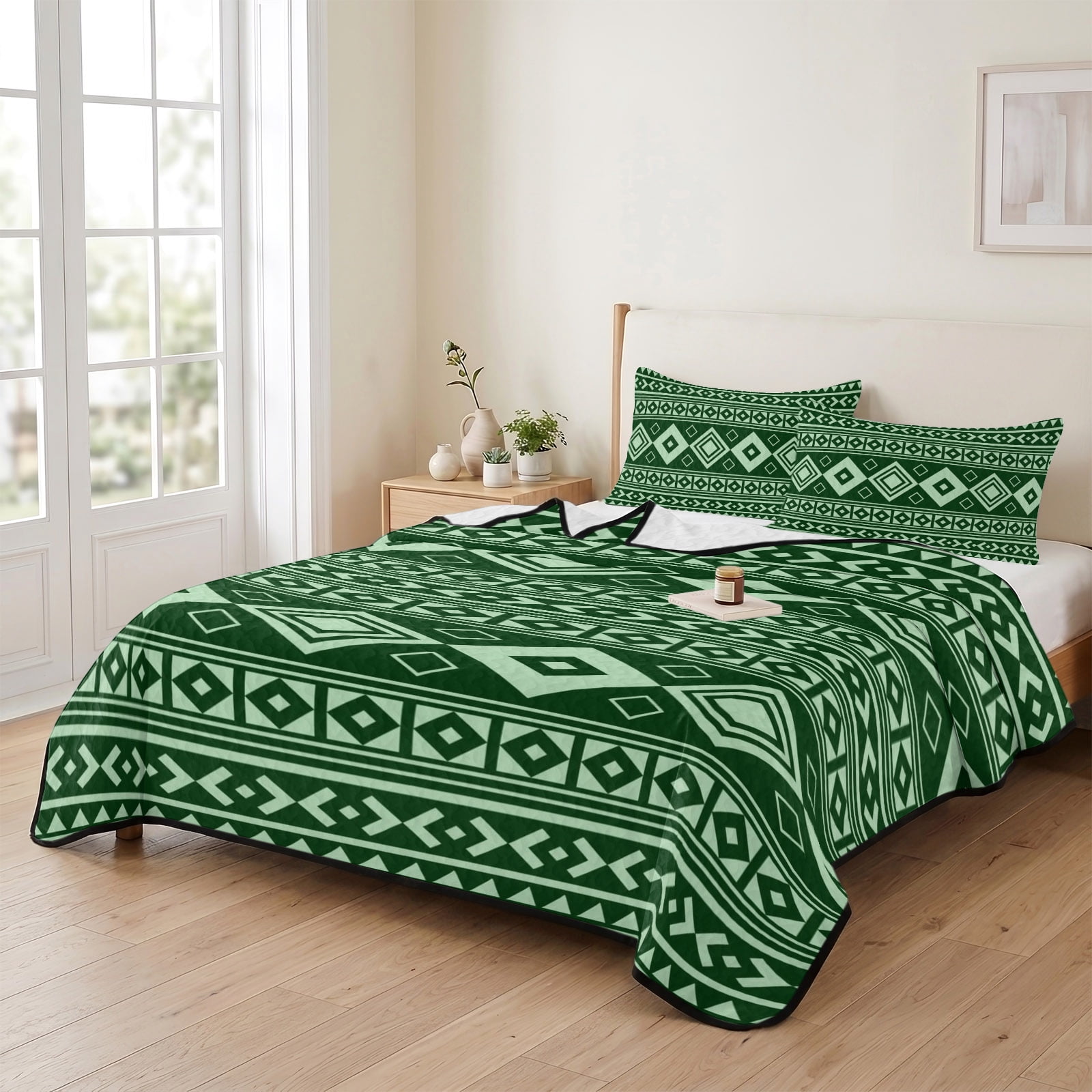 Boho Green Geometric Stripes 3 Pieces Quilt Set,1 Quilt with 2 Shams ...