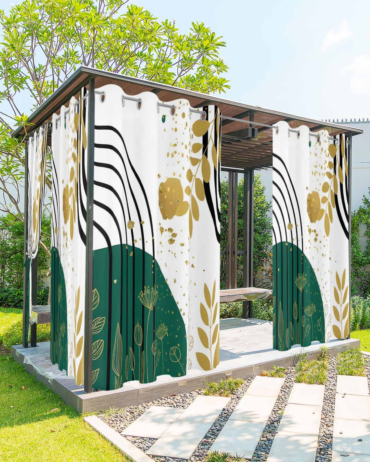 Boho Green Outdoor Curtains for Patio, Gold Leaf Black Bohemian Plant ...