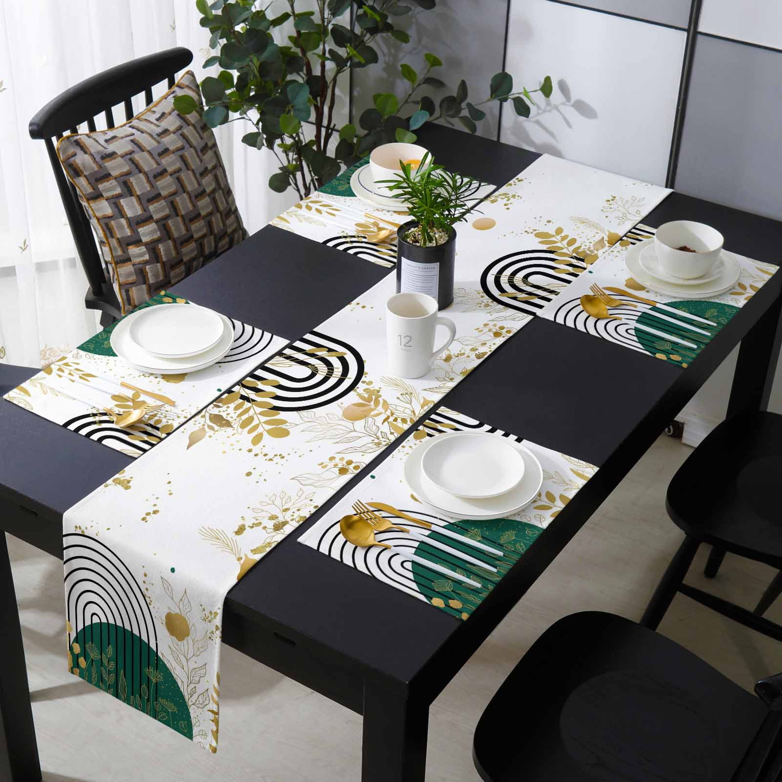 Boho Green Placemats Set of 6 with 70 Inches Long Table Runners,Gold ...