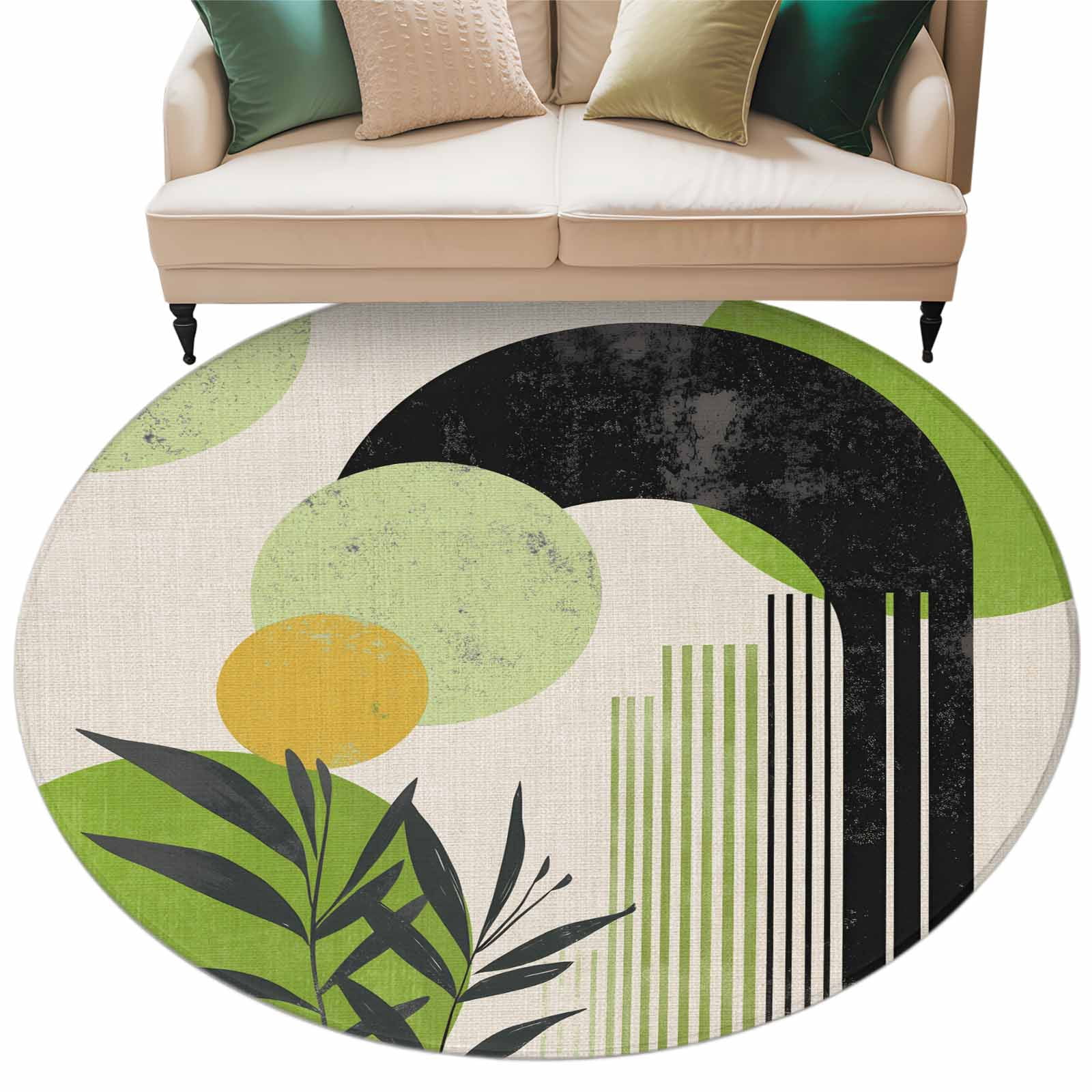 Boho Green Round Area Rug 7ft Modern Abstract Green Black Geometric ...