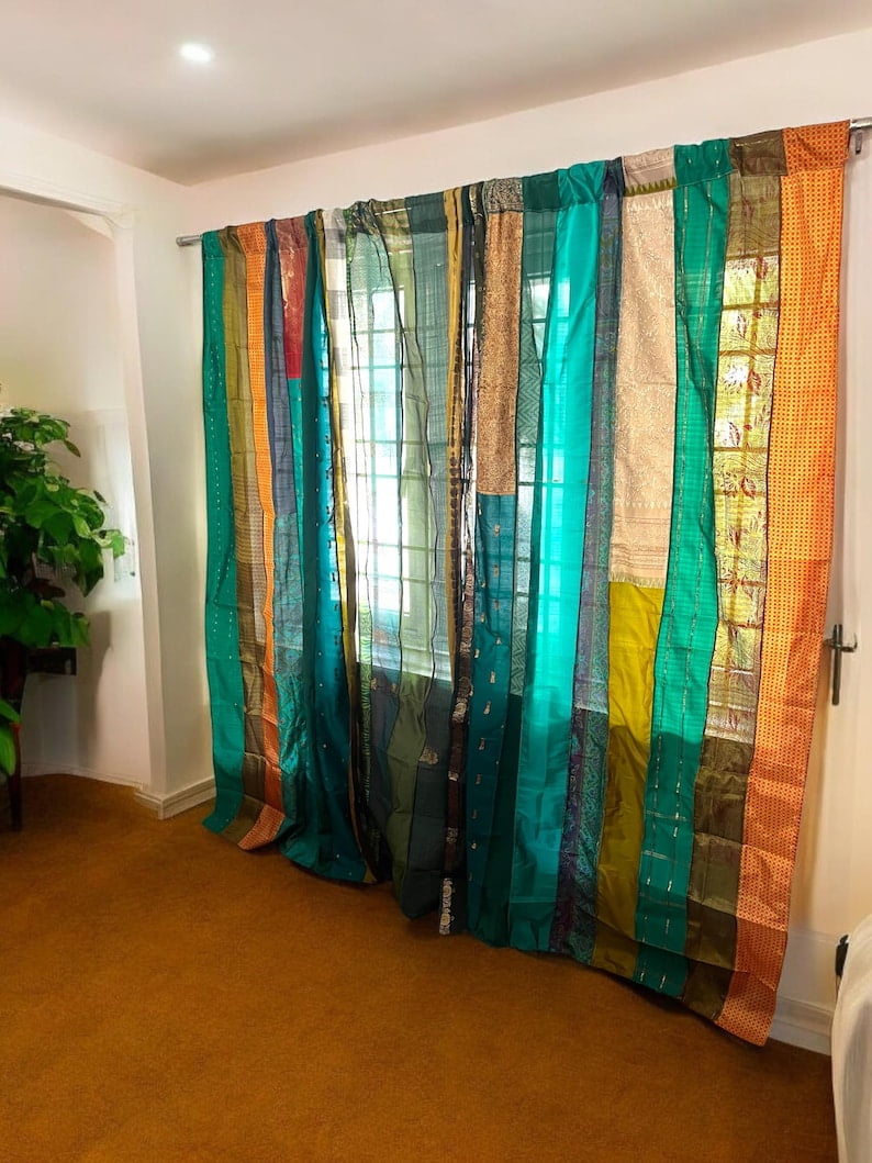 Boho Green Sari Curtain Pair Upcycled Handmade Saree Curtains with ...