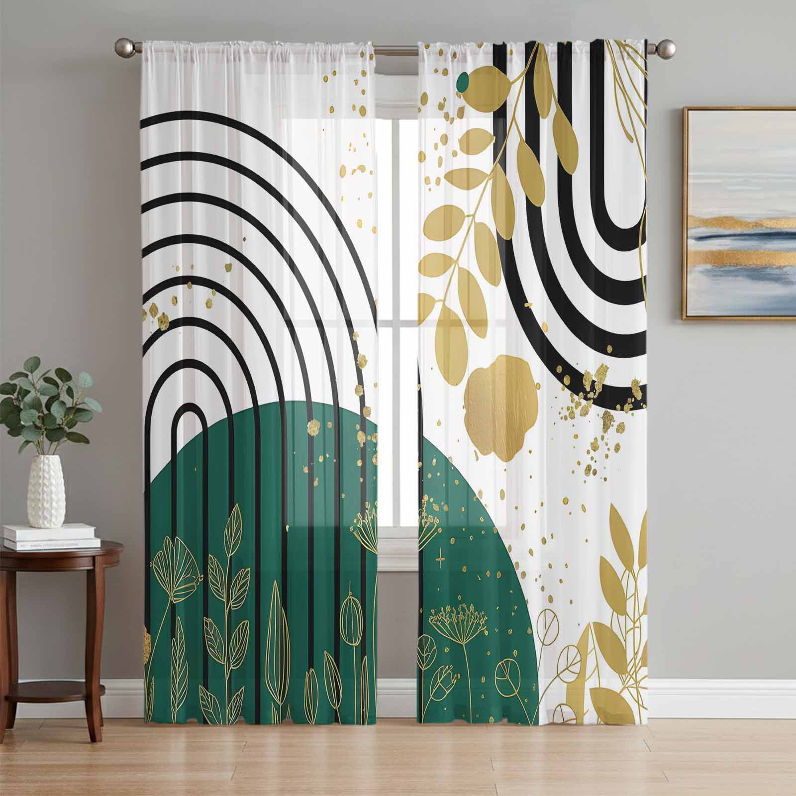Boho Green Semi Sheer Curtains 108 Inch Length 2 Panels Set, Gold Leaf ...