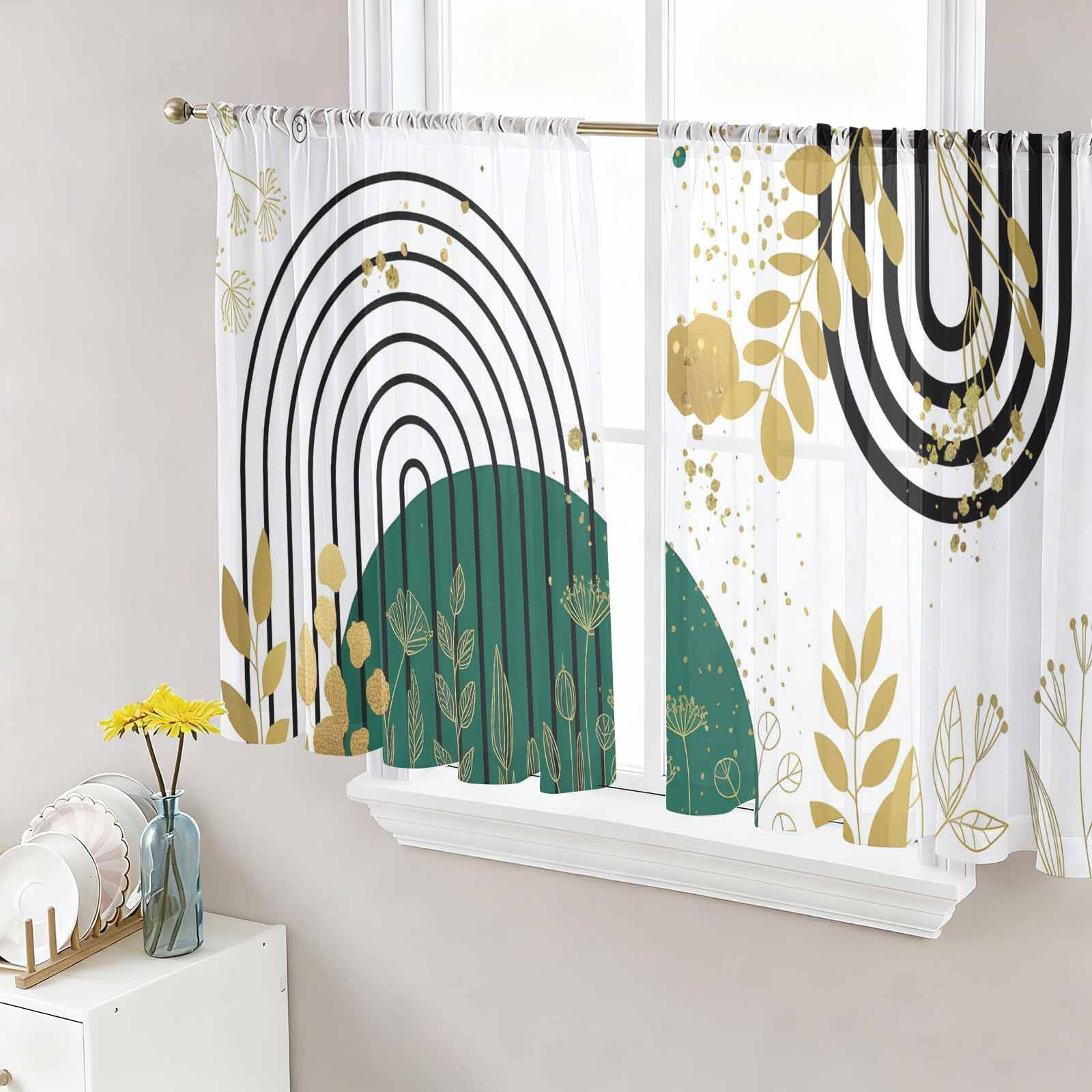 Boho Green Semi Sheer Curtains 54 Inch Length 2 Panels Set, Gold Leaf ...