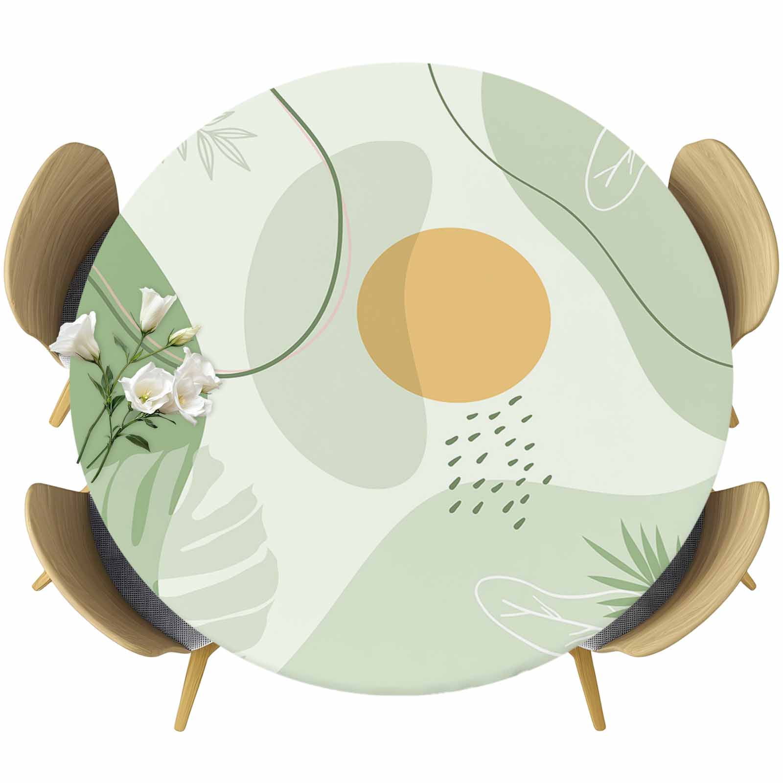 Boho Green Table Cloth, Round Fitted Tablecloths with Elastic Edge ...